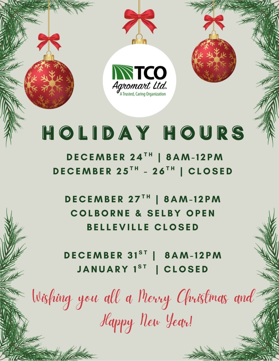 2025 Holiday Hours - TCO Agromart Ltd.
